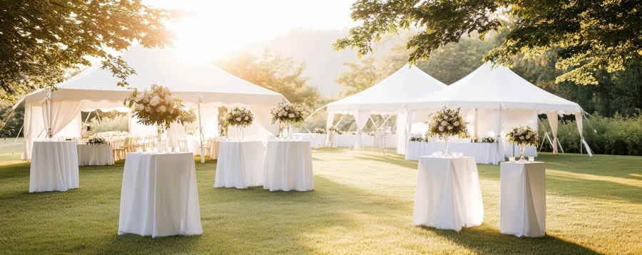 Elegant outdoor wedding setup with tents and decorated tables ...